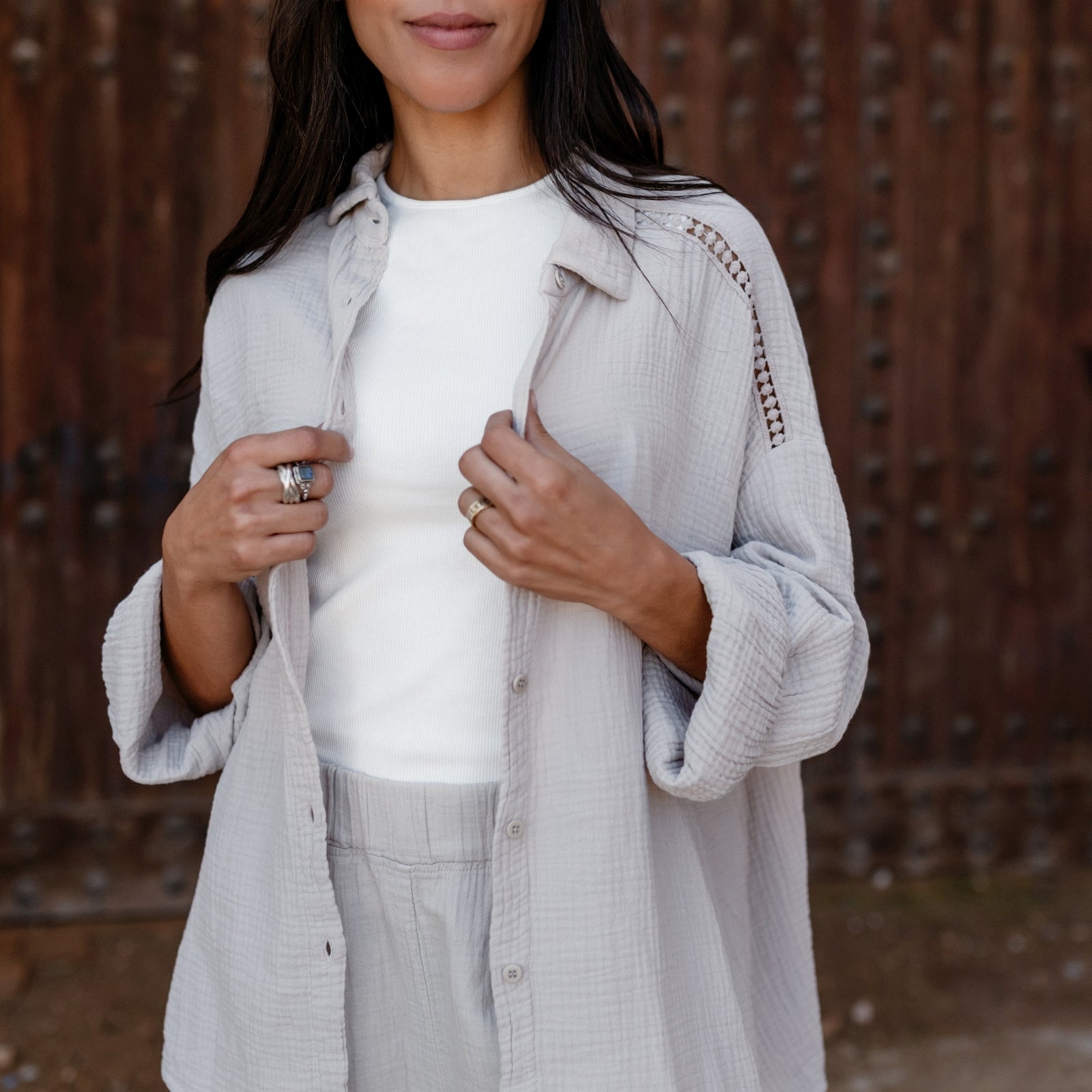 Oversize Musselin Bluse Mia Taupe aus Bio-Baumwolle